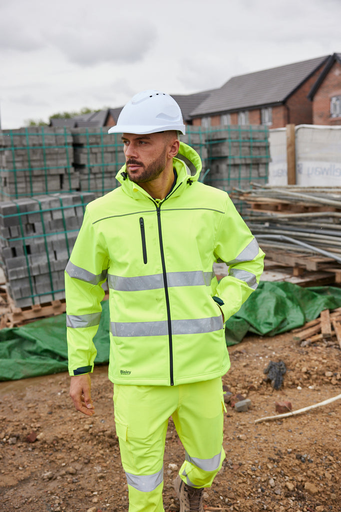 TAPED HI VIS SOFT SHELL JACKET WITH HOOD – Bisley Workwear