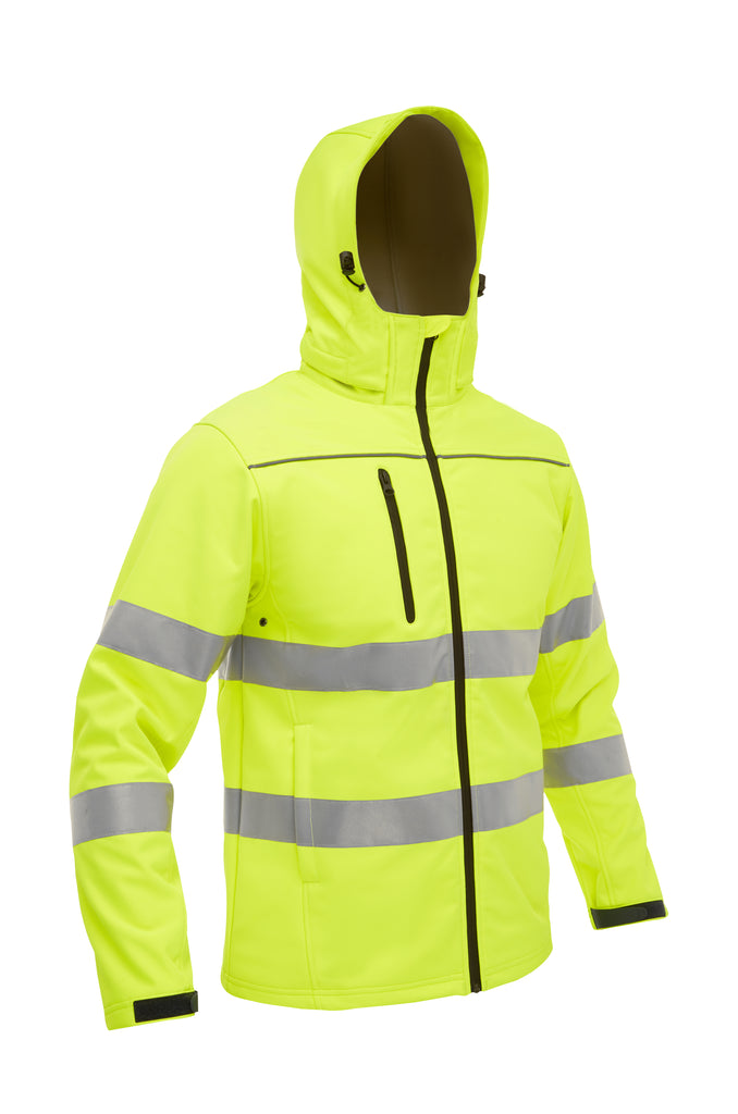 TAPED HI VIS SOFT SHELL JACKET WITH HOOD – Bisley Workwear